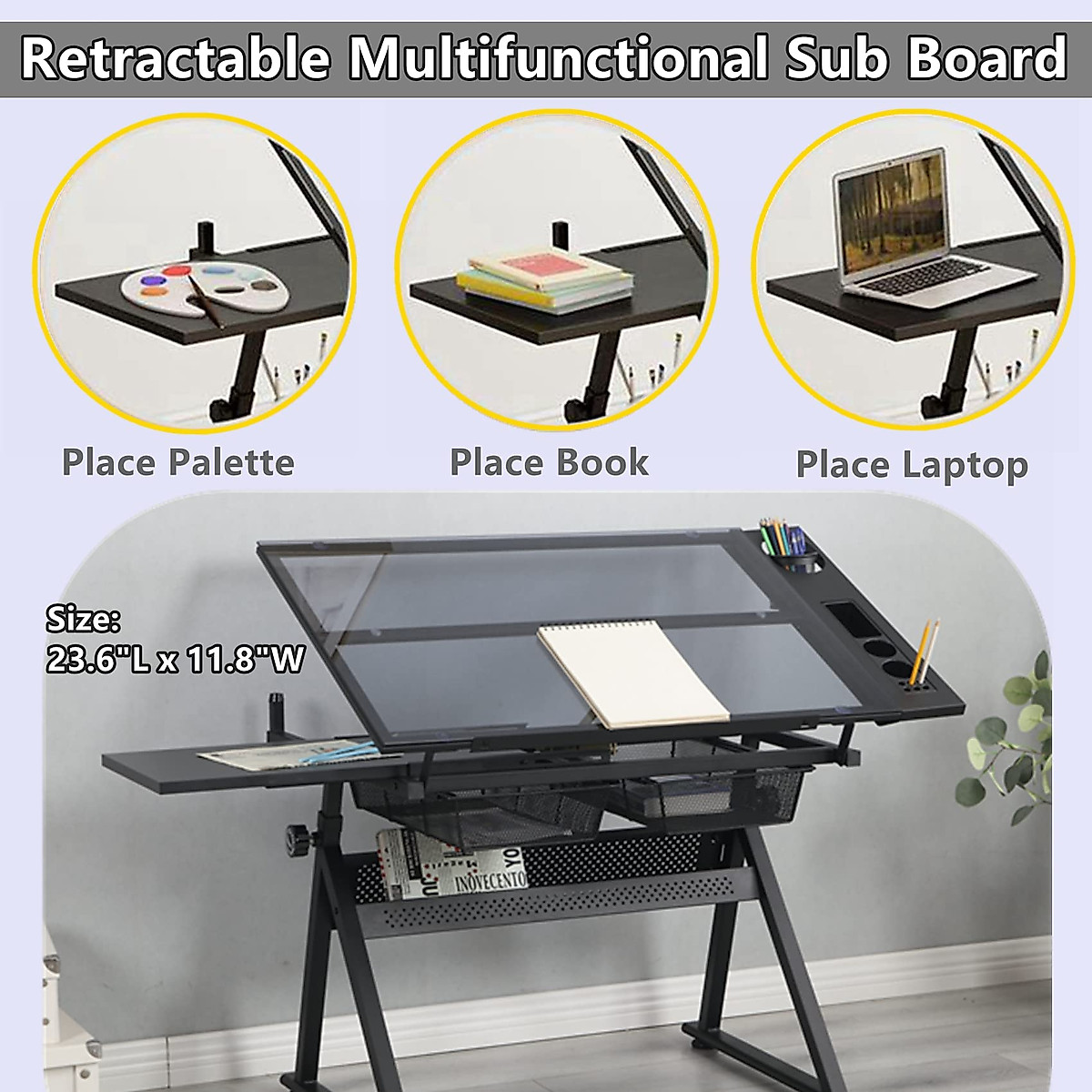 Gagawin Drafting Table with Stool, Height Adjustable Drawing Desk Tempered Glass Art Table Writing Desk with 0-75° Tilting Tabletop for Home Office, No.1-Black