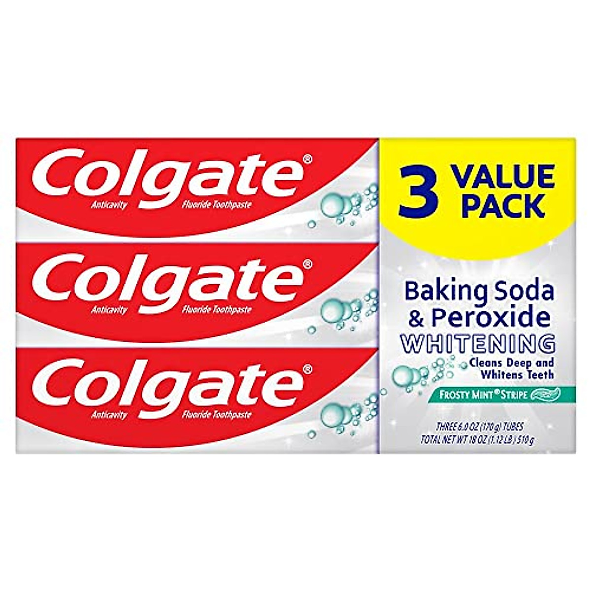 Colgate Baking Soda and Peroxide Whitening Toothpaste, Frosty Mint Stripe - 6.0 Ounce (Pack of 3)