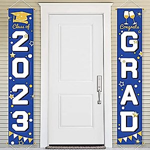 Ivenf 2023 Graduation Party Decorations, Class of 2023 Congrats Grad Banner, Graduation Porch Sign, Blue and White Graduation Decoartions Hanging Banner Photo Props for Home School Graduation Party