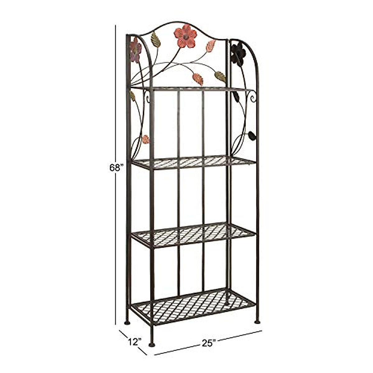 Deco 79 Metal Floral Indoor Outdoor Tall Folding 4 Shelf Bakers Rack, 25" x 12" x 68", Black