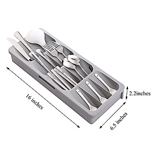 Kacua Silverware Tray for Drawer, Expandable Kitchen Drawer Organizer, Utensil Tray Drawer Organizer for Silverware, Flatware, Knives, Gray