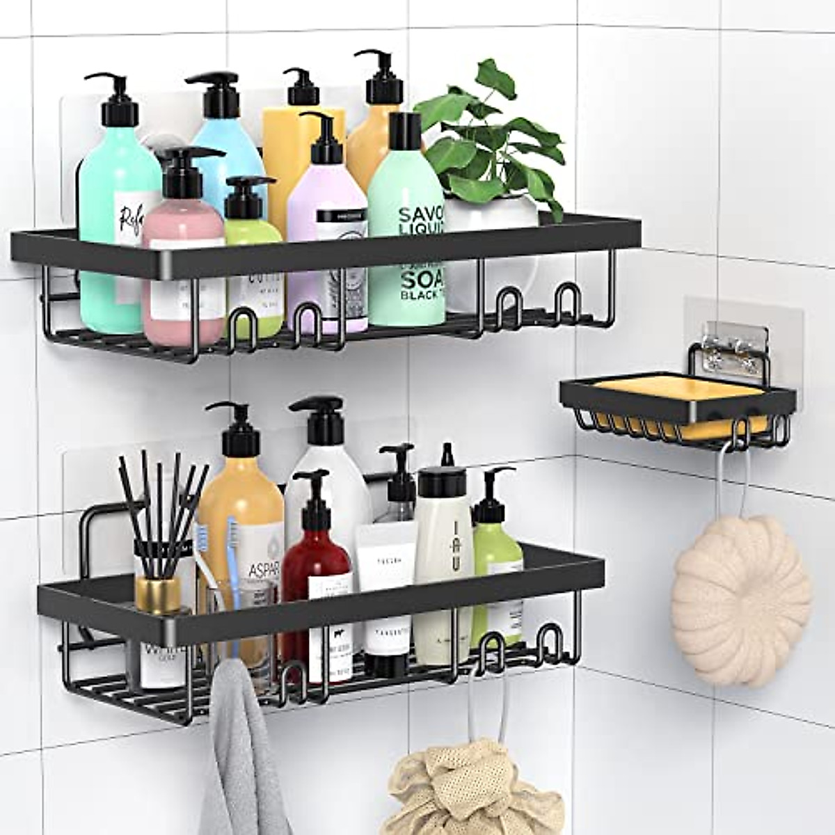 QUIUMES Shower Caddy, Bathroom Organizer Adhesive Shower Shelf [3-Pack], Rustproof Shower Shelves And 10 Hooks, No Drilling Required, Shower Organizer Perfect For Holding Shampoo, Soap And More.