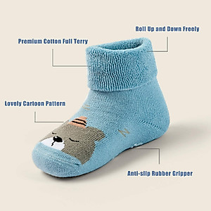 HowJoJo Baby Warm Socks With Grips For Baby Boys Non Slip Winter Socks Baby Girls Thick Crew Socks 6 Pack 12-24 Months