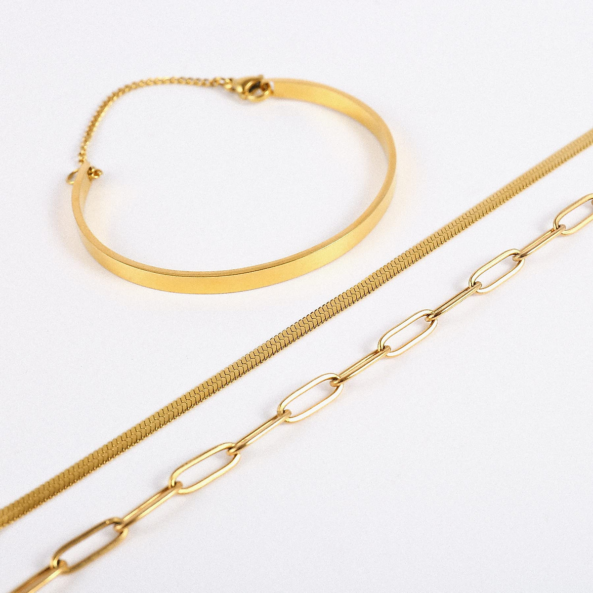 Layered Gold Chain 18K Gold Plated Herringbone Non-Tarnish Dainty Paperclip Stackable Stainless Steel Flat Snake Link Bracelet for Women Jewelry Set