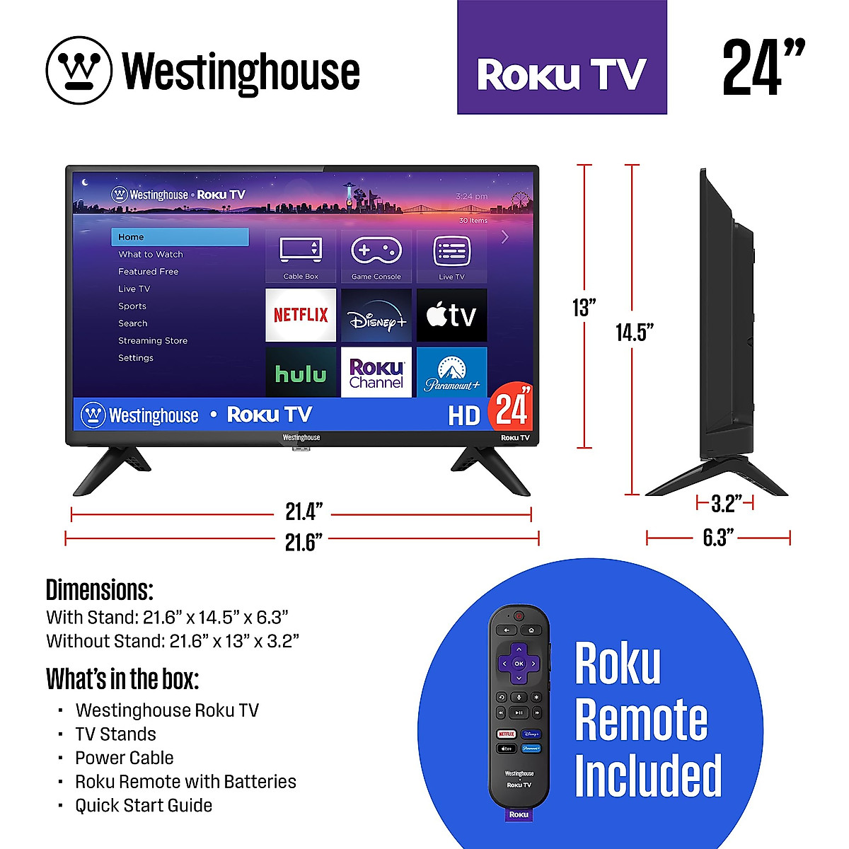 Westinghouse Roku TV - 24 Inch Smart TV, 720P LED HD TV with Wi-Fi Connectivity and Mobile App, Flat Screen TV Compatible with Apple Home Kit, Alexa and Google Assistant, 2023 Model