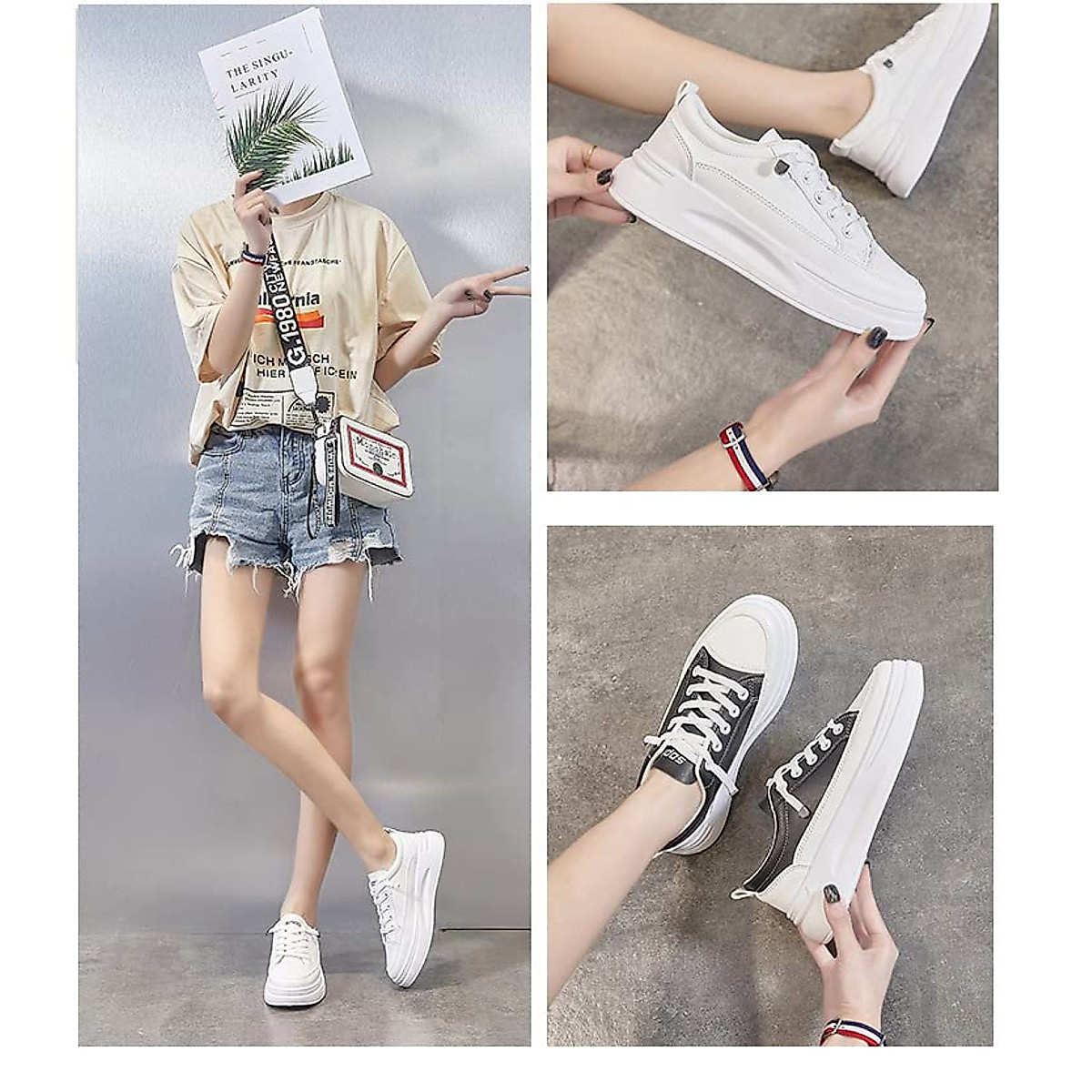 AINIJIA&HOLO Women's Platform White Sneaker,Chunky White Sneakers,Fashion Casual Walking Shoes with Socks (A,8.5,8.5)