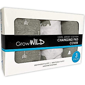 GROW WILD Changing Pad Cover 3 Pack | Soft & Stretchy Jersey Cotton | Baby Changing Table Pad Cover | Gray Diaper Changing Pad Covers for Girls or Boys | Wipeable Sheets | Grey White Woodland