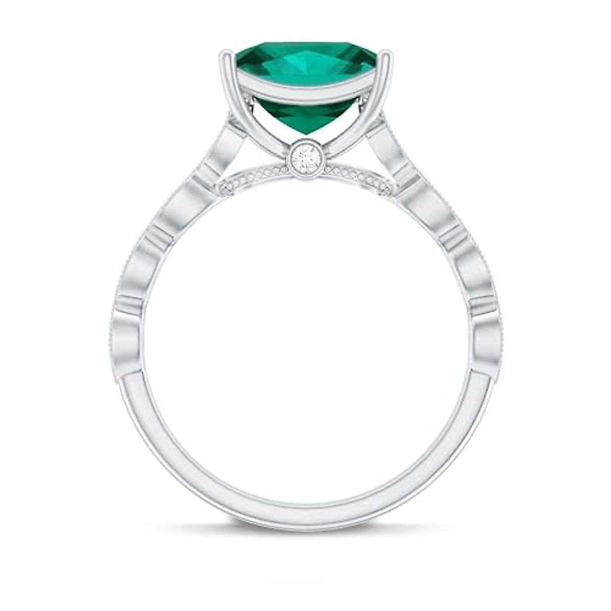 Rosec Jewels Certified Lab Grown Emerald 8mm Princess Cut Engagement Ring, AAAA Quality, Emerald Moissanite Side Stone Ring, 14K White Gold, Size:US 11.00