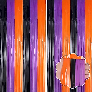 YUKL Orange Purple Black Halloween Party Decorations 2Pack Foil Fringe Backdrop Curtains Halloween Decorations Birthday Backdrop Streamers Party Decorations for Halloween Birthday Party Decorations