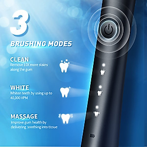 WHITEMPTER Sonic Electric Toothbrush for Adults, Rechargeable Sonic Toothbrush with 10 Brush Heads, Fast 2 Hr Charge Last 35 Days,Rechargeable Sonic Toothbrush with 40000VPM and 3 Modes (Black)