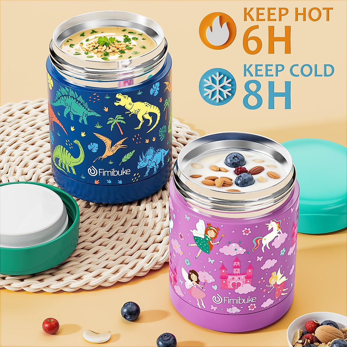 Fimibuke Kids Bento Box with Insulated Thermos Food Jar, Lunch Bag & Ice Pack Set, 3-Compartments Toddler Lunch Box, ONE-STOP Snack Lunch Container Solution for Ages 3-12 School Girls Boys - Trucks