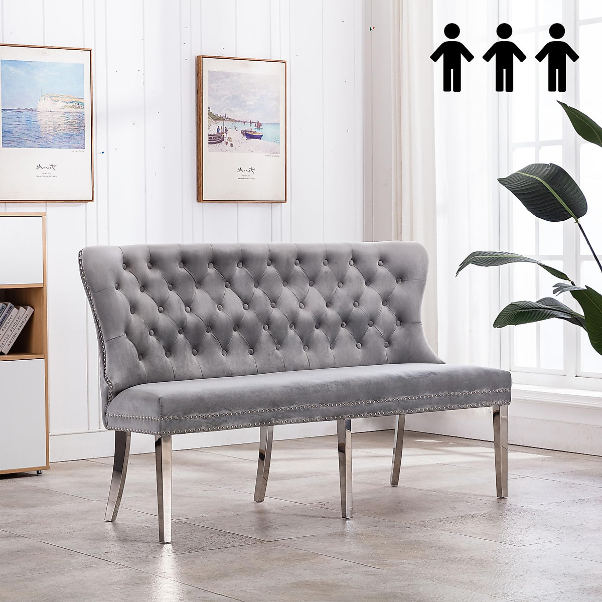 LOULENS 65'' Upholstered Velvet Settee Bench 3 Seater, Modern Tufted Banquette Bench with Back, Accent Loveseat Sofa with Stainless Steel Leg for Dining, Living Room (Gery)