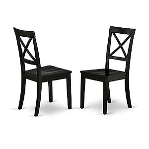 East West Furniture Boston Dining Room Cross Back Solid Wood Seat Chairs, Set of 2, Black