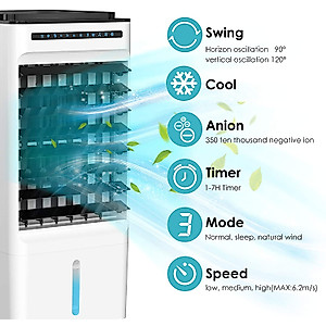Portable Air Conditioner, 4-IN-1 Evaporative Air Cooler, with 4 Modes 3 Speeds, 1-7H Timer and Negative Ion Function, Portable Air Cooler with 1.35 Gallon Water Tank & 90°Oscillation, Remote Control for Home and Office [Energy Class A++]