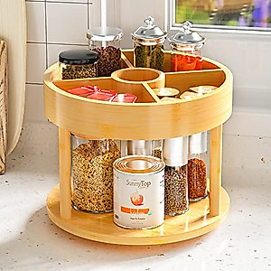 2 Tier Lazy Susan Spice Organizer - Bamboo Wooden Two Tier Lazy Susan Turntable with 4 DIY Partition Board 9.8 inch for Cabinet