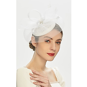 Cizoe Tea Party Fascinator Kentucky Derby Hat Fascinator Pillbox Hat Headband for Cocktail(A-white
