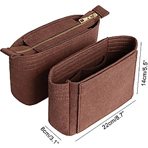 HyFanStr Felt Insert Bag Organizer with Zipper, Small Handbag Purse Organizer Tote Liner Pouch for Women, 2 Pcs Set Coffee
