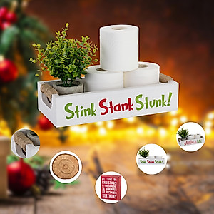 Veichin Double-Sided Christmas Funny Bathroom Decor with Double-Sided Sign, Stink Stank Stunk Box, Toilet Paper Storage Basket, White Wood Tank Tray Organizer with Handles for Christmas Decorative