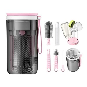YOTIME Travel Baby Bottle Brush Set with Extendable Silicone Bottle Brush, Nipple Brush, Magnetic Baby Bottle Drying Rack, Straw Cleaner Brush, Baby Bottle Soap Dispenser, Pink