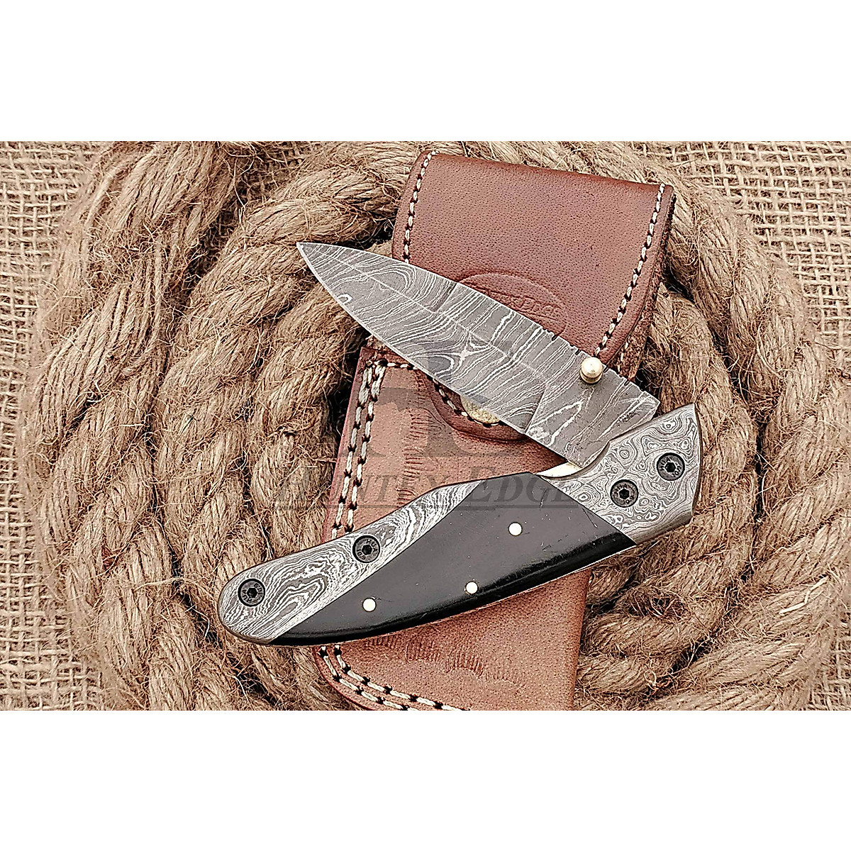 HUNTEX Custom Handmade Hand-Forged Twist Pattern Damascus Steel 4 Inch Long Natural Walnut Wood Handle Razor Sharp Hunting Folding Pocket Spear Knife with Pocket Clip & Genuine Leather Pouch