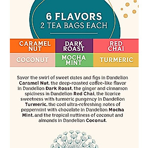 Teeccino Dandelion Tea Sampler – Caramel, Coconut, Dark Roast, Mocha Mint, Red Chai, Turmeric – Roasted Herbal Tea That’s Caffeine Free & Prebiotic with Detoxifying Dandelion, 12 Tea Bags