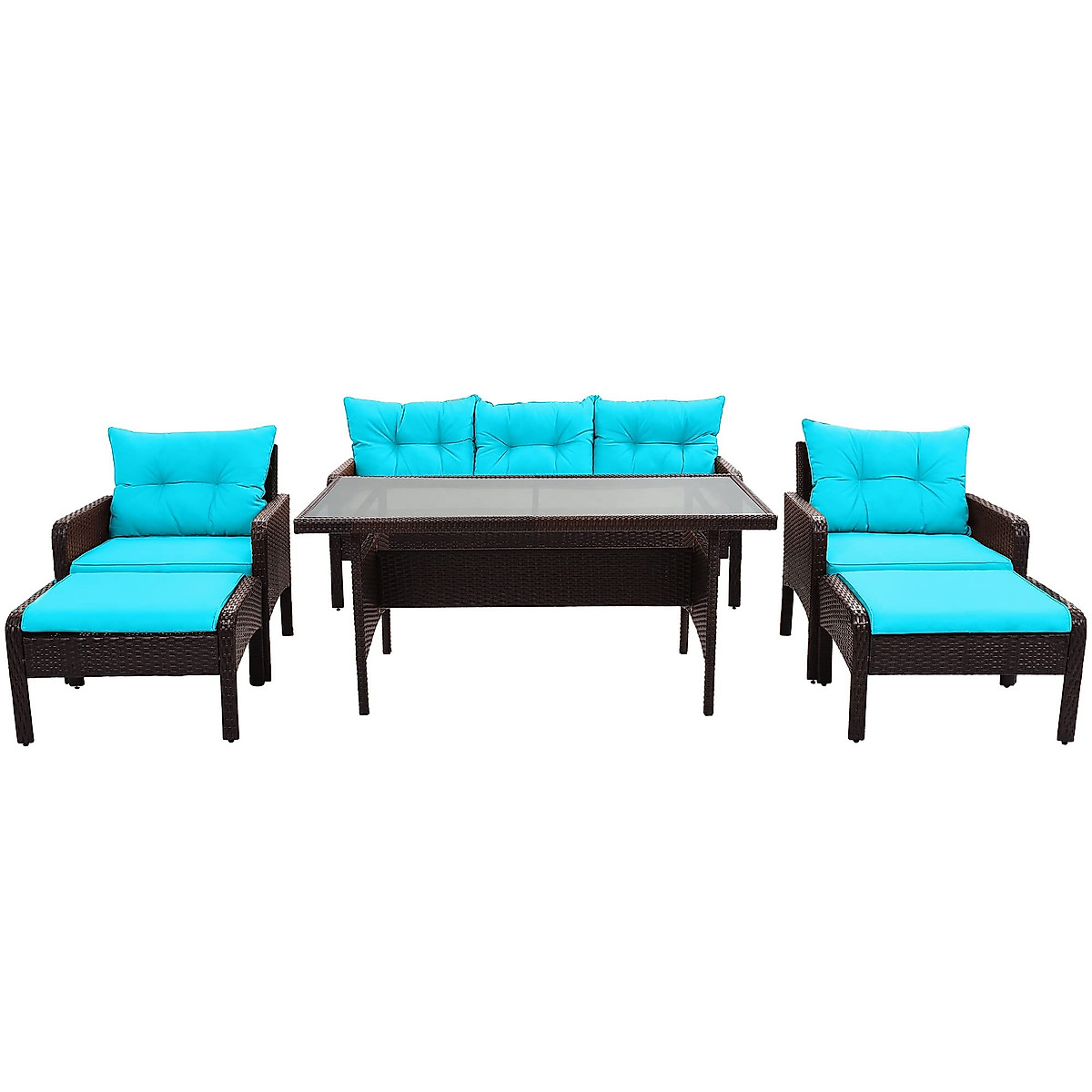 SIYAHOME Conversation 6-Piece Outdoor Patio PE Rattan Sofa, Dining Set with Removable Tempered Glass Tea Table for Backyard, Poolside, Deck, Wicker Cushion, Brown + Blue