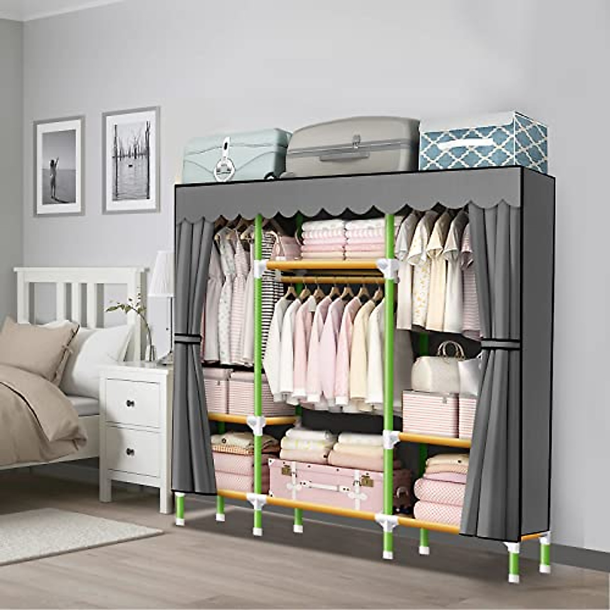 YOUUD Portable Closet 57 Inch Wardrobe Closet Clothes Organizer with 3 Storage Shelves and 3 Hanging Rods, Cloth Closet of Colored Rods Grey Cover Quick and Easy to Assemble,Strong and Durable