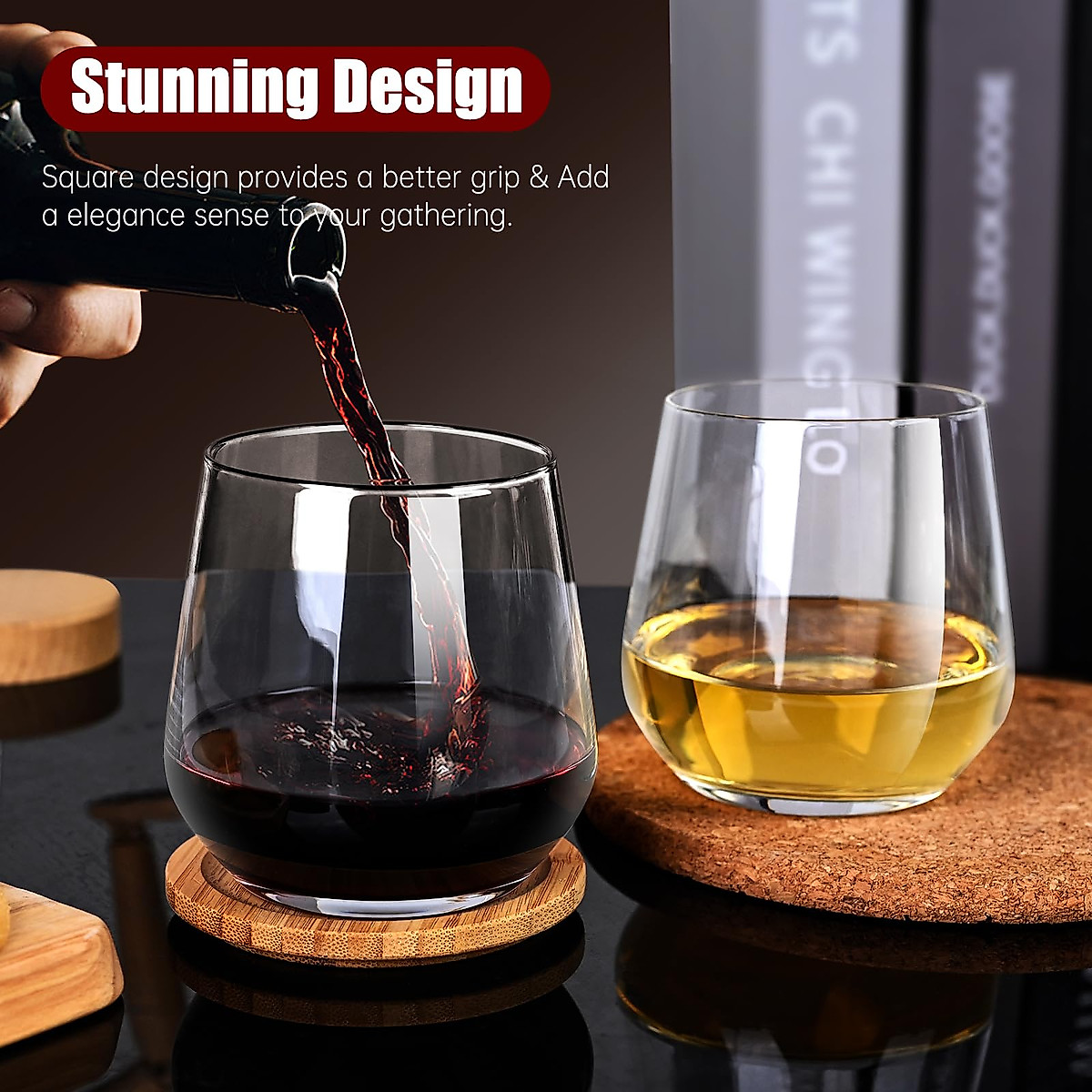 Chouggo Stemless Wine Glasses Set of 6, Hand Blown Premium Crystal Square Red White Wine Glass - Gifts for Women, Men, Wedding, Anniversary, Christmas, Birthday - 15Oz