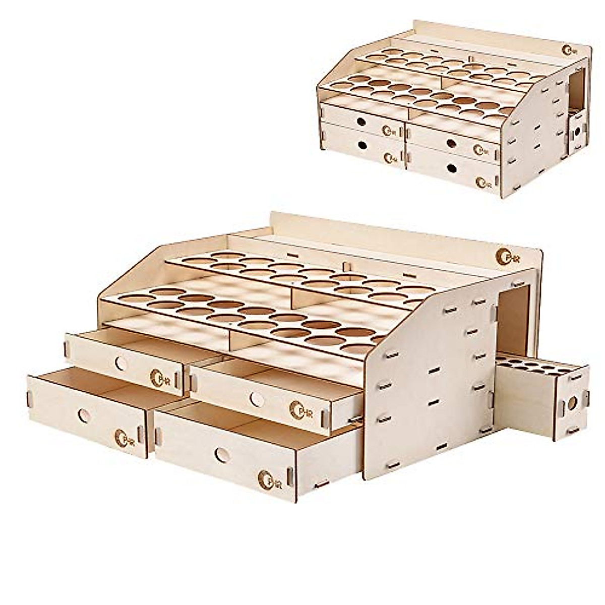 OPHIR Wooden Paint Rack Pigment Inks Storage Organizer with 32 Bottle Holes, 36 Marker Pen Cases, 4 Cabinet Drawers, Suitable for Tamiya GSI AV Paints and Model Tools