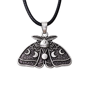HAQUIL Moth Necklace, Moon Phase Moth Pendant, Faux Leather Cord, Wiccan Moth Jewelry Gift for Women
