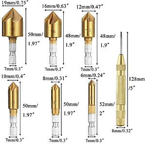 Rocaris 23-Pack Woodworking Chamfer Drilling Tool, 6pcs 1/4" Hex 5 Flute 90 Degree Countersink Drill Bits, 7pcs Three Pointed with L-Wrench, 8PCS Wood Plug Cutter, and Automatic