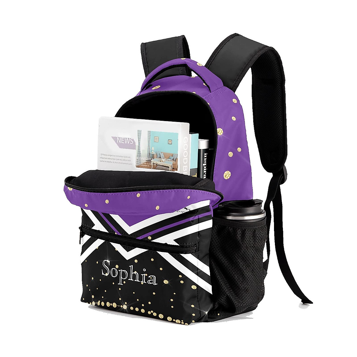 Personalized Print Cheerleader Cheer Purple Black Custom Backpack Waterproof Multifunctional Daypack with Name Gift