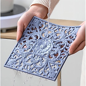 Viwehots Silicone Trivets Mats for Hot Pots and Pans, Square Non Slip Mat for Table Multi-Use Carved Hot Pads and Mats, Flexible Modern Pad Heat Resistant Big Teapot Coaster Set of 3 Blue