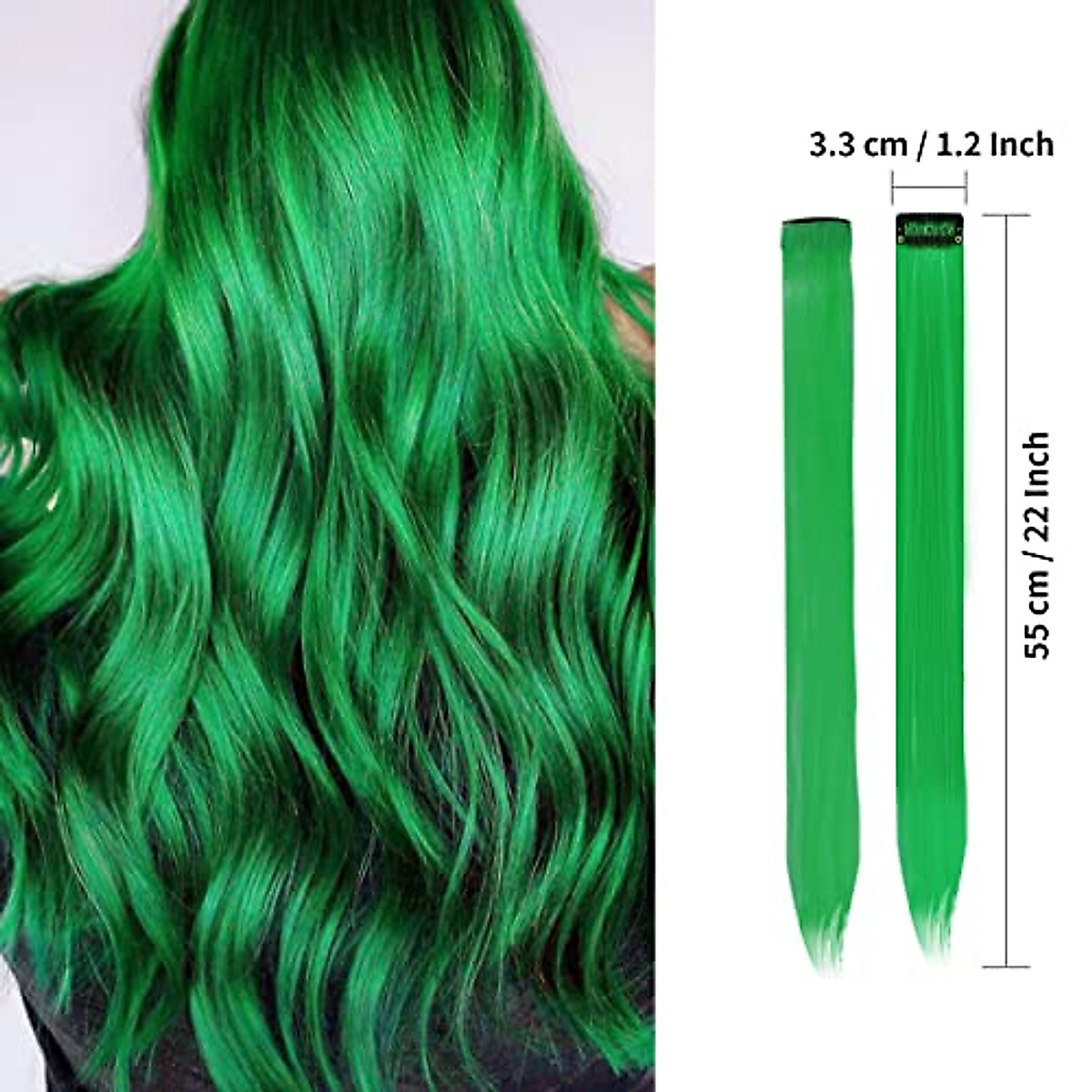 Green Hair Party Highlight Synthetic Hairpiece,12 Pieces Hair Extension for St. Patrick's Day Kids Girls Women 20 Inch