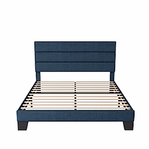 Allewie Full Size Platform Bed Frame with Fabric Upholstered Headboard and Wooden Slats Support, Fully Upholstered Mattress Foundation/No Box Spring Needed/Easy Assembly, Navy Blue