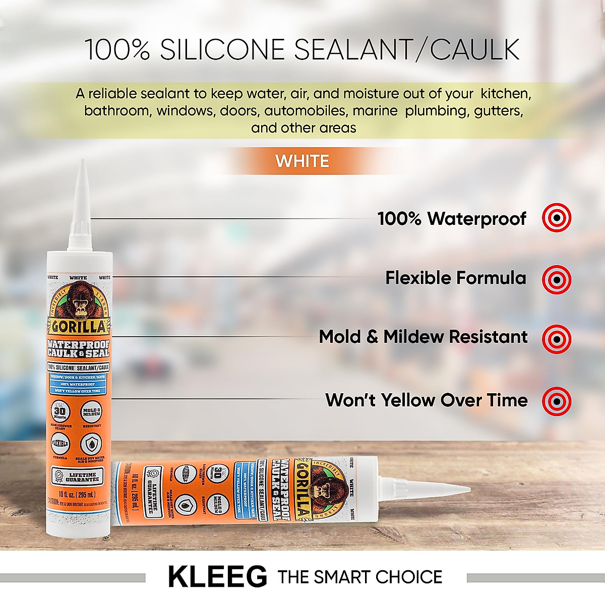 Kit of Gorilla Caulk Sealant 100% Silicone Sealant, 10oz Cartridge, White + KLEEG Caulk Gun + KLEEG Caulking Tool Kit - Dripless Caulking Gun, Caulk Removal Tool, 3in1 Scraper Sealant Tool
