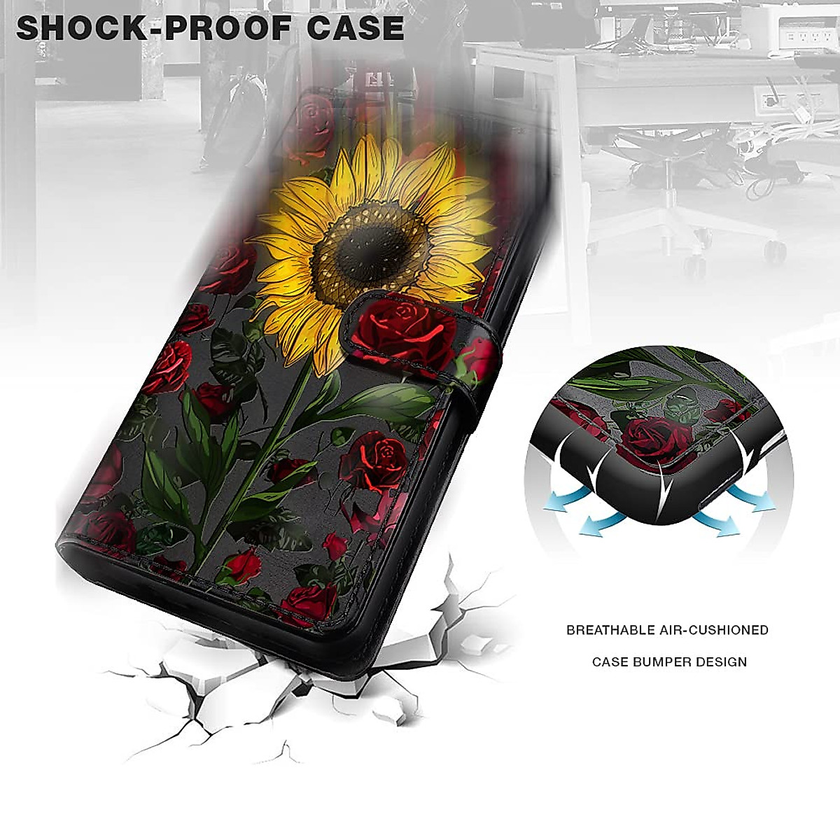 Shields Up for iPhone 15 Pro Wallet Case, Detachable Magnetic Case Wallet with Card Holder & Strap for Girls/Women, Vegan Leather Floral Cover for iPhone 15 Pro 6.1 inch - Rose Flower/Sunflower