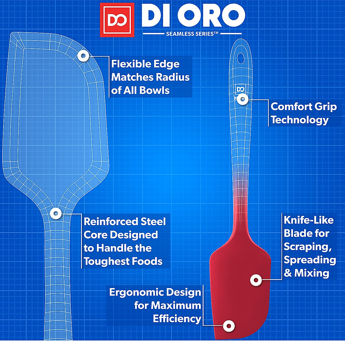 DI ORO - Large Silicone Spatula - 600ºF Heat-Resistant Spatula - Seamless Design - Pro-Grade Non-Stick Silicone Rubber with Reinforced Stainless Steel S-Core Technology (RED)