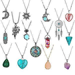 K&Q 15pcs Vintage Crystal Pendant Aesthetic Chakra Necklace Vintage Jewelry Carnelian Necklace Bohemian Retro Sunflower Necklace Sun and Moon Pendant for Girls and Women