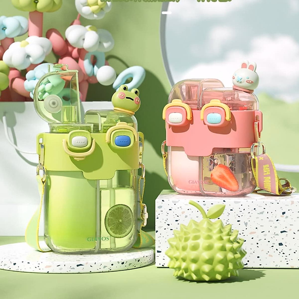 Aufona 25oz Kawaii Water Bottles with Two Ways to Drink, Two Different Drinks in One Cup, Cute Creative Outdoor Drinking Cup for Camping Hiking Backpacking Travel Office (yellow)