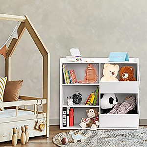 ALIMORDEN Toy Storage Organizer with Bookcase, Kids Toy Storage Cubby with Bins for Playroom,Bedroom,Nursery School, White