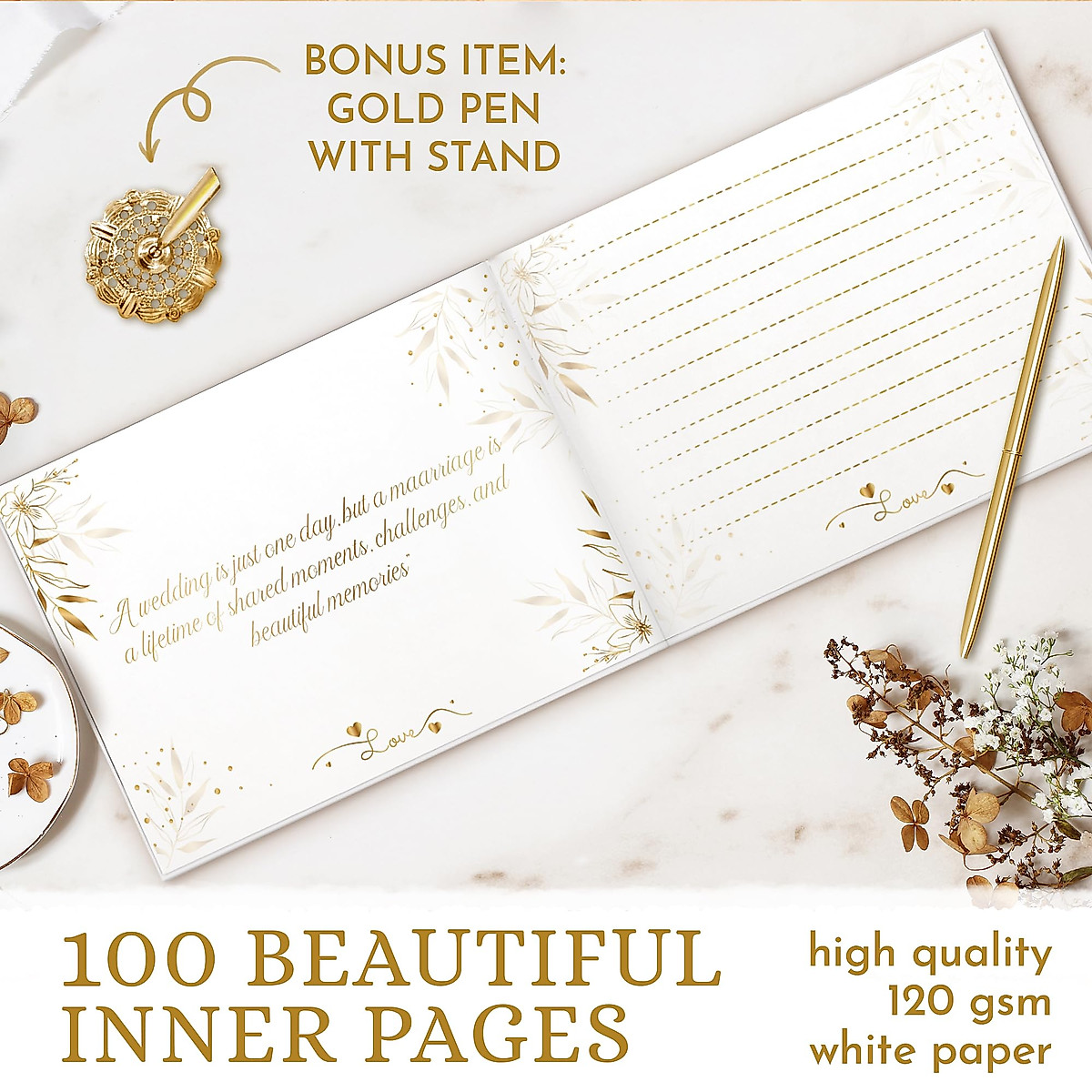 Wedding Guest Book and Elegant Guest Book Wedding Reception with Hardcover 8"x10", Guest Book for Wedding with Golden Pen with its Gold Metal Base, 100 Blank Pages for Wedding Guest Book Sign Include