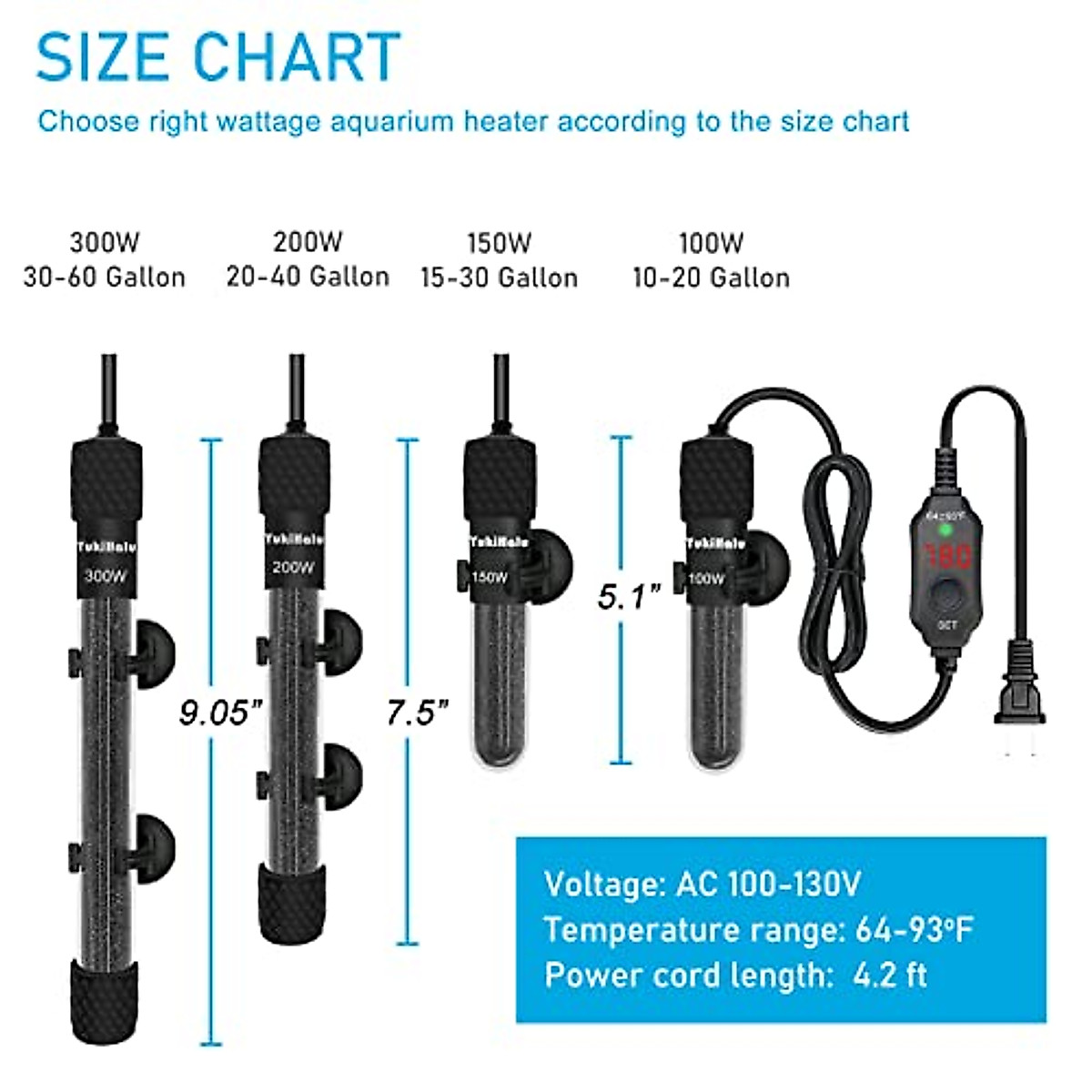 YukiHalu Submersible Aquarium Heater 100/150/200/300W, Small Size, Overheating Protection, External Temperature Controller, LED Display, Used for 20/30/40/60 Gallons (100Watts)
