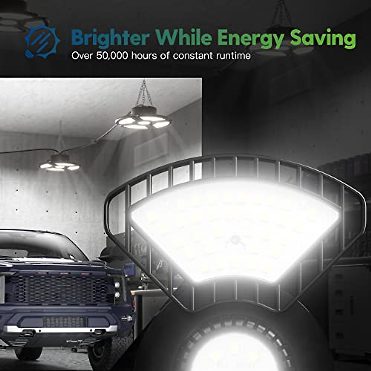 FREELICHT 4 Pack LED Garage Lights with Plug, 90W 9000LM Hanging Deformable Garage Ceiling Lighting 6500K with 4+1 Adjustable Panels, Corded Linkable Shop Light for Basement, Barn, Workbench