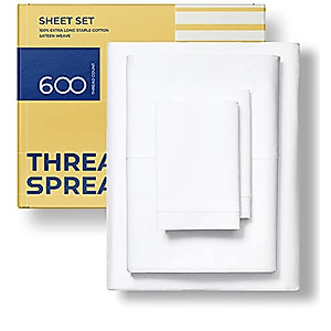 600-Thread-Count Egyptian Cotton Quality Sheet Set - Luxury Twin Size Cooling Bed Sheets for Hot Sleepers - Deep Pocket Fitted & Flat Sheets - 3 Piece Soft White Sheets for College Dorm Room Mattress