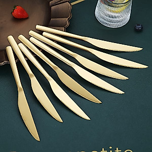 HOMQUEN Gold Steak Knives, 8 Piece Premium Stainless Steel Steak Knife Set, Meat Knife Sets, German Steak Knives Serrated, Tomato Knife, For Home, Kitchen or Restaurant, Dishwasher Safe (9.2 Inch)