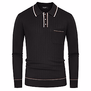 PJ PAUL JONES Mens Vintage Knit Sweater Long Sleeve Lapel Collar Pullover Sweater Black XL