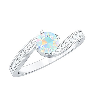 Certified 5 MM Opal Round Engagement Ring, AAA Quality, Natural Ethiopian Opal Solitaire Ring with Moissanite, 14K White Gold, Size:US 8.00