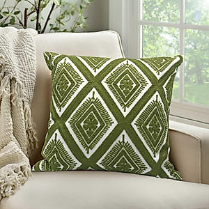 Alysheer Embroidered Decorative Throw Pillow Cover 18"x18", Boho Geometric Modern Thick Embroidery Pattern, Durable Cotton Canvas Soft Cushion Case for Sofa Couch Bed Living Room (Olive Green)