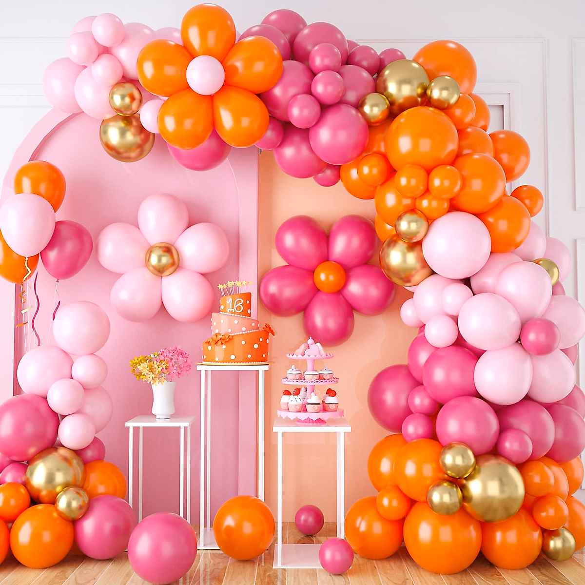 Pink Orange Balloon Garland, Daisy Balloon Arch with Metallic Gold Party Flower Balloons For Birthday Baby Shower Wedding Groovy Theme Decorations